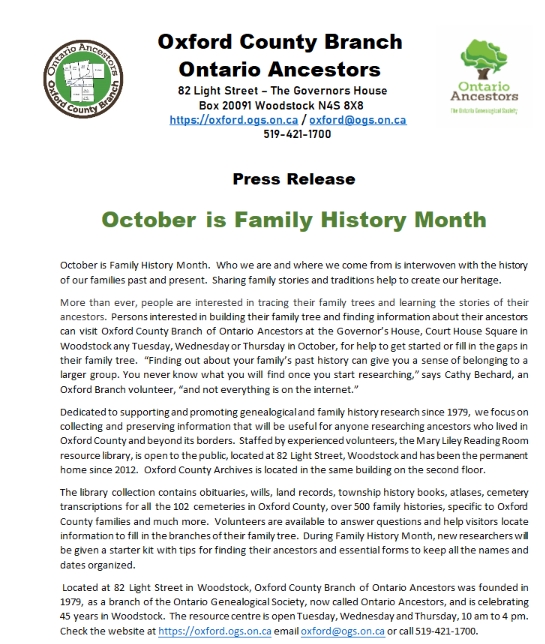 Oxford County Branch of Ontario Ancestors – "To encourage, bring ...